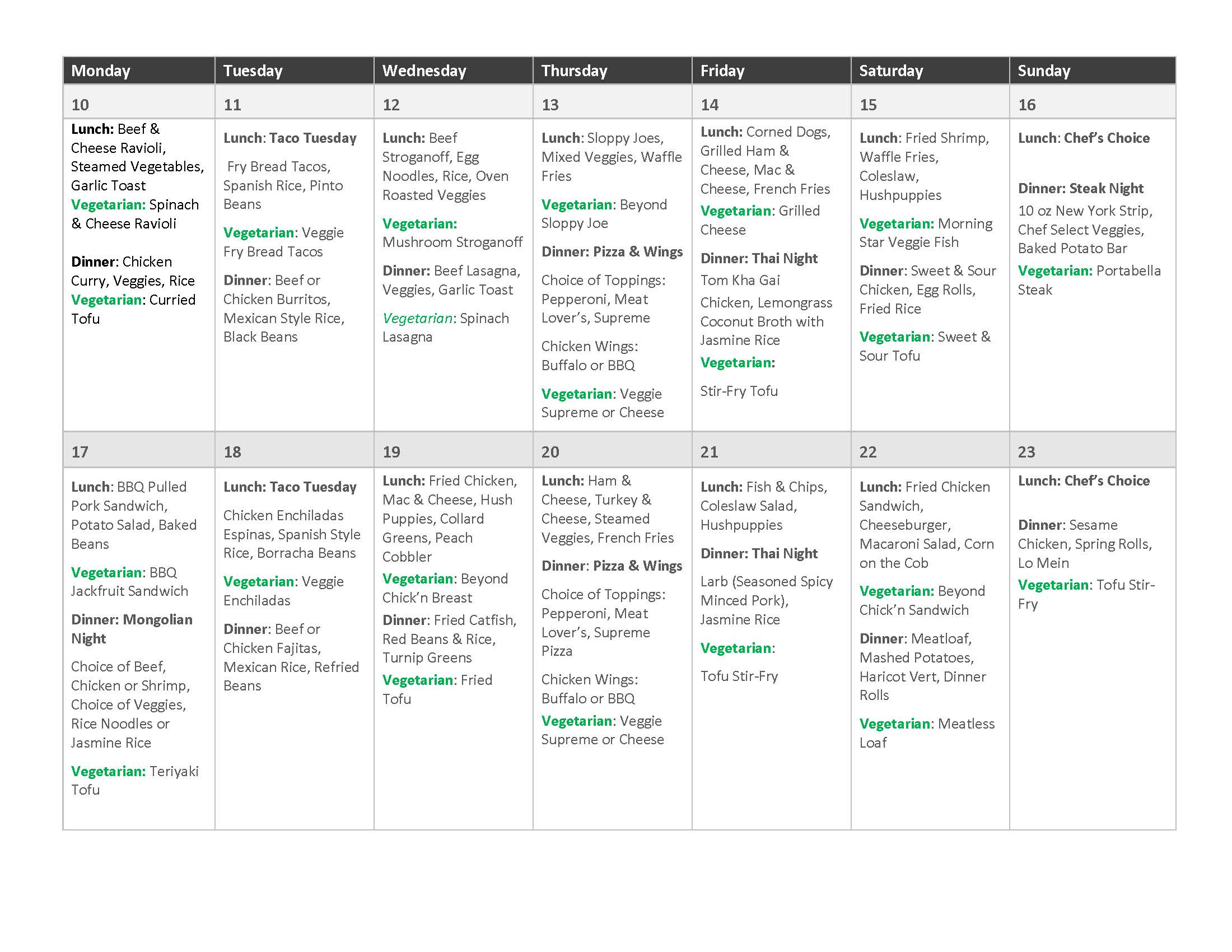 Employee Dining Room Menu