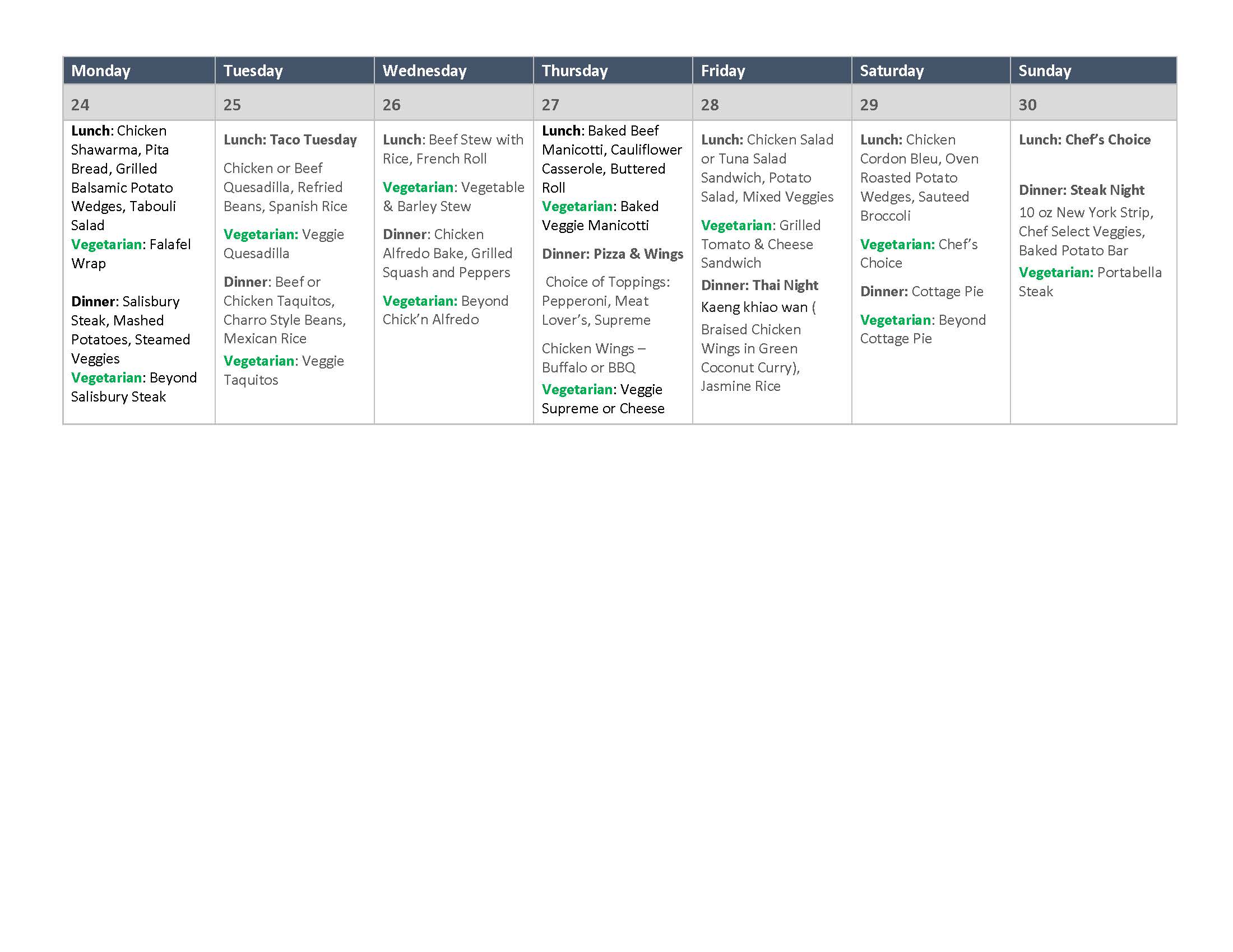 Employee Dining Room Menu