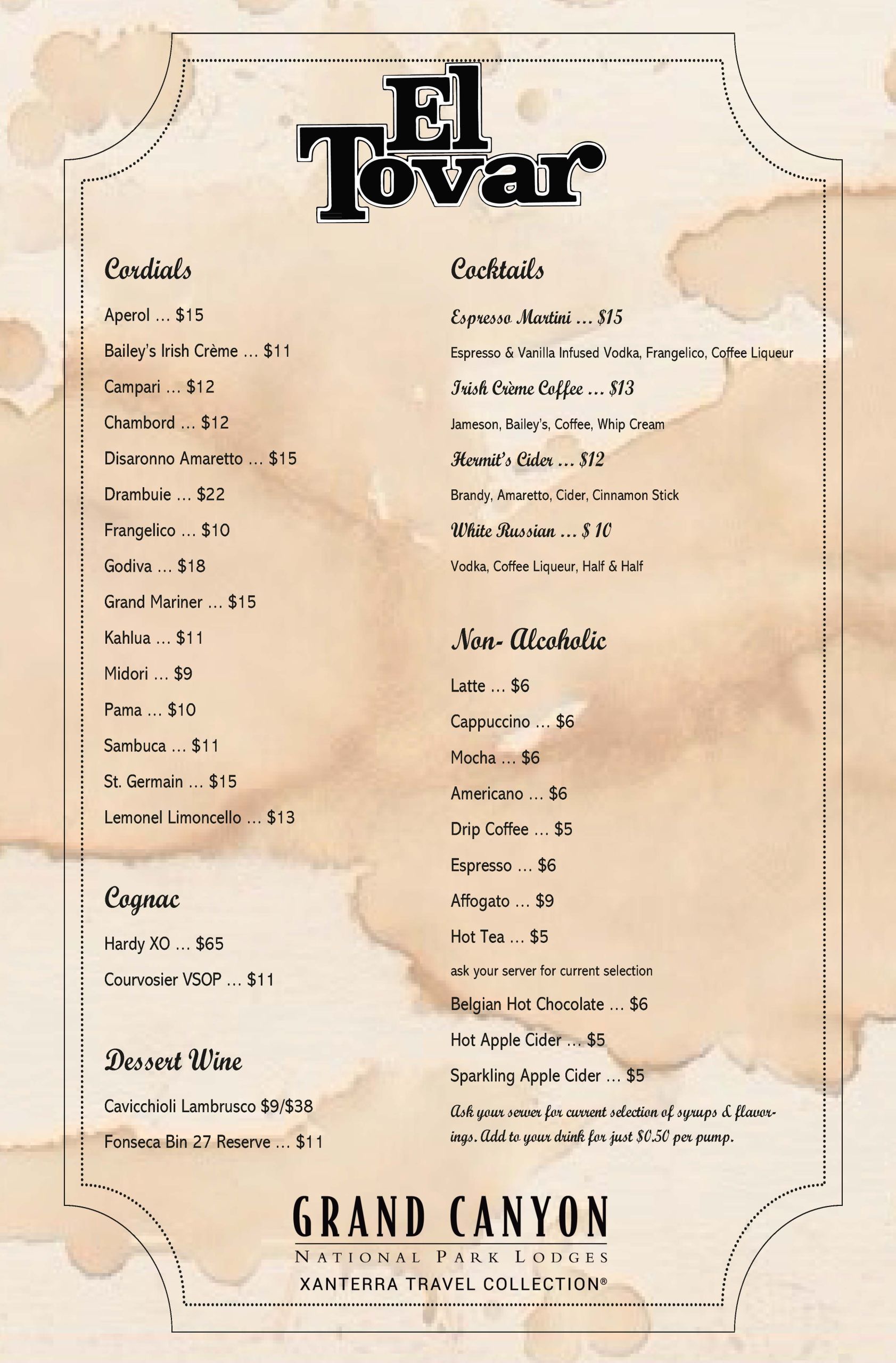 El Tovar Dining Room Menus