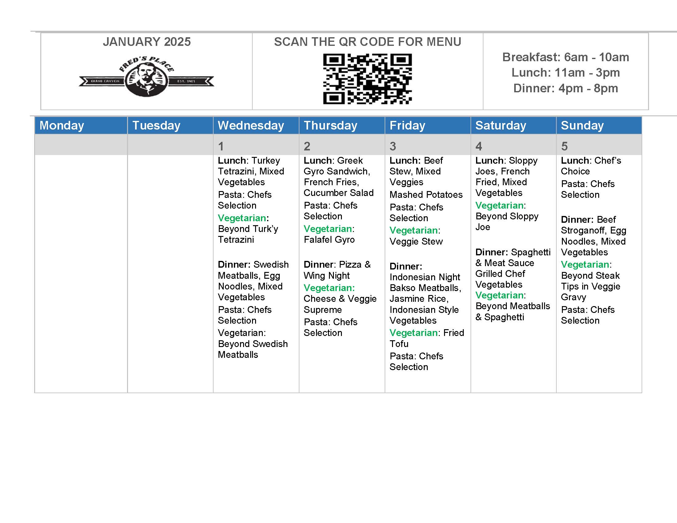 Employee Dining Room Menu